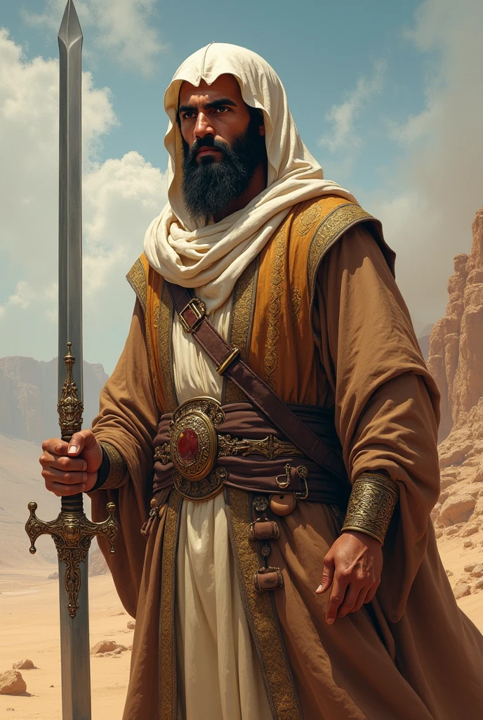 A video of Omar ibn al-Khattab holding a sword with Haiba - SeaArt AI