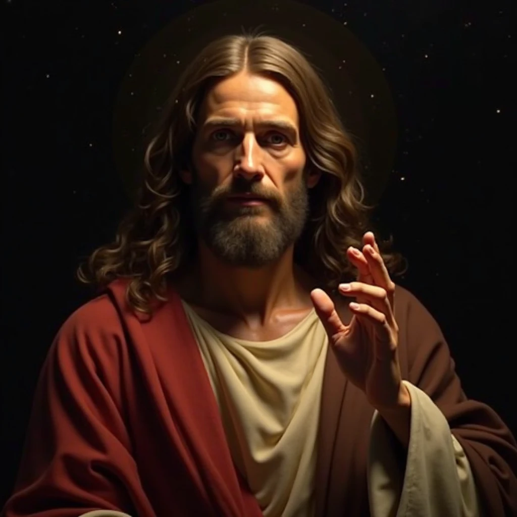 A realistic portrait of Jesus Christ with long brown hair and soft ...