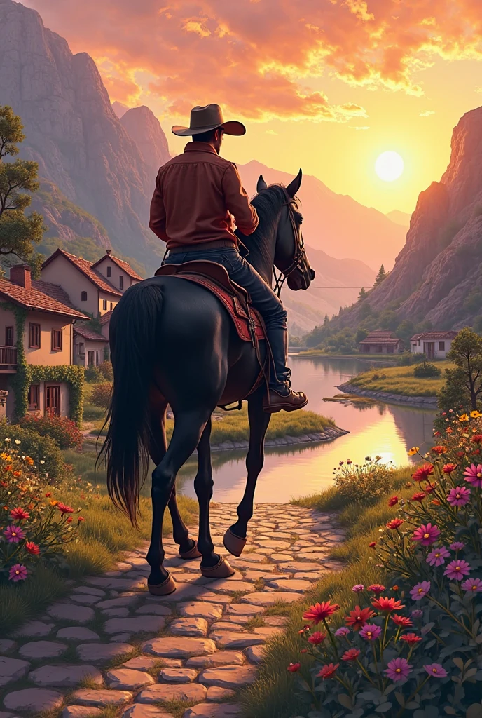An attractive cowboy riding an imposing black horse, A small town next ...