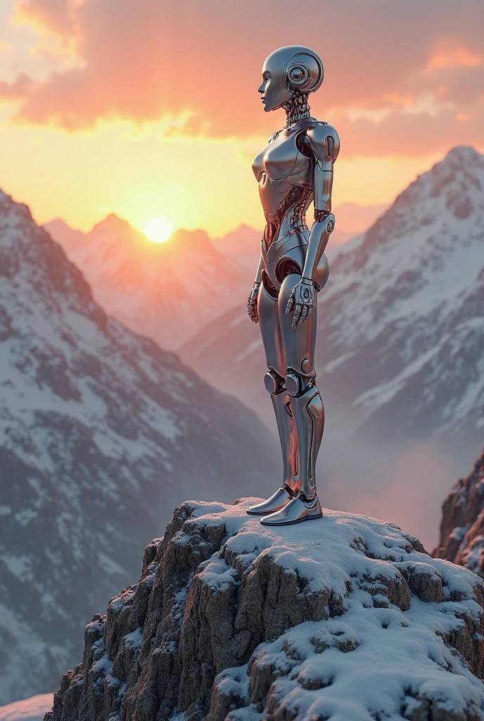A robot with human features stands on the mountain in the morning at ...