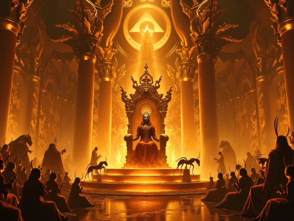 A majestic ant queen sitting on a glowing amber throne inside a crystal ...