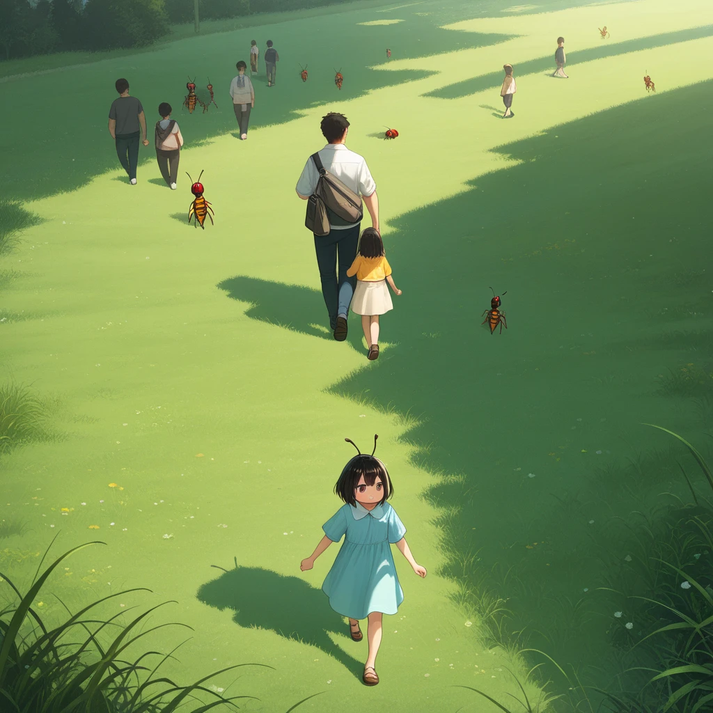 Ant girl, wear clothed,walking, carrying giant candy, queue, grass ...