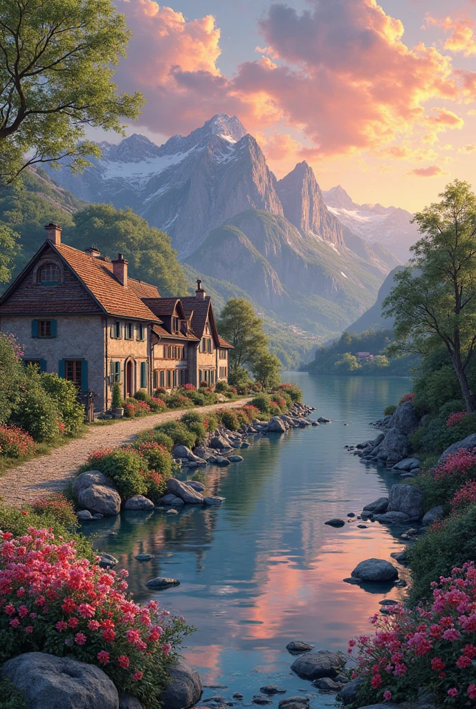 A small village by the river, mountains in the background, floral ...