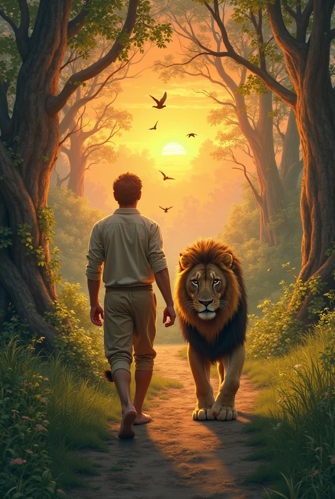 Man and lion are walking together on the forest path, a beautiful ...