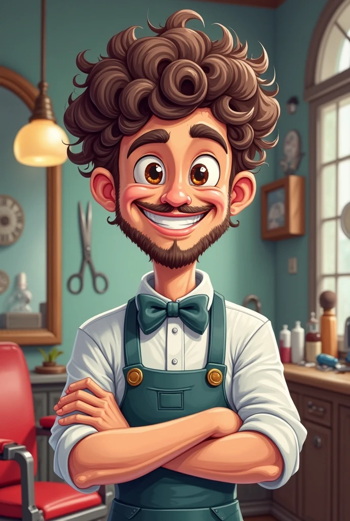 Make me an man barber with curly hair cartoon for fb cover - SeaArt AI