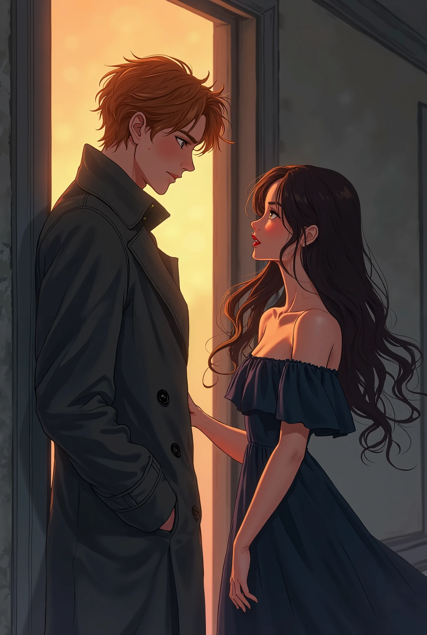 Create an anime elegant illustration divide with a line the scene ...