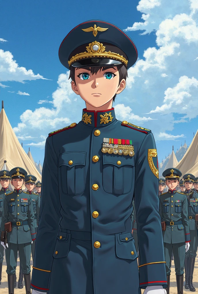 Young blue-green eyed army officer supervising his troops, anime ...