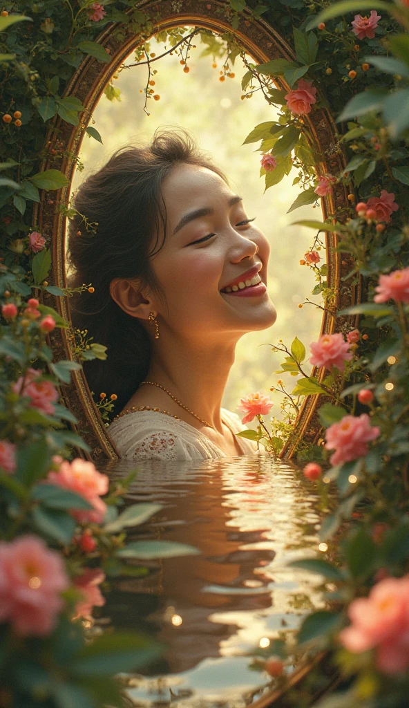 A surreal mirror reflecting a person surrounded by abundance - SeaArt AI