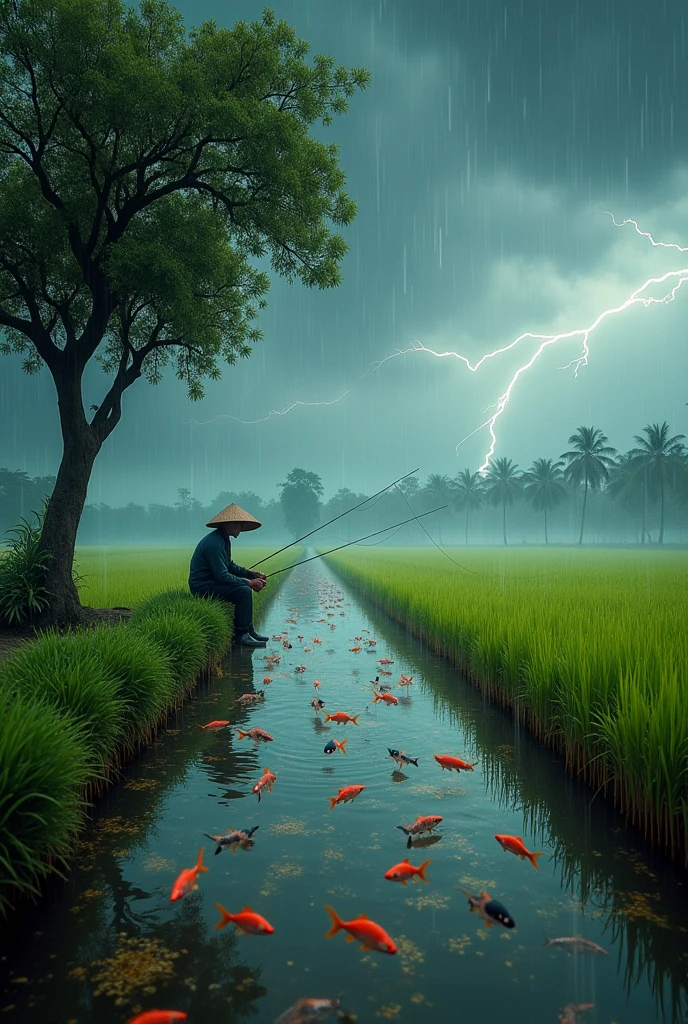 A hyper-realistic scene in 6:19 aspect ratio. The rice fields on both ...