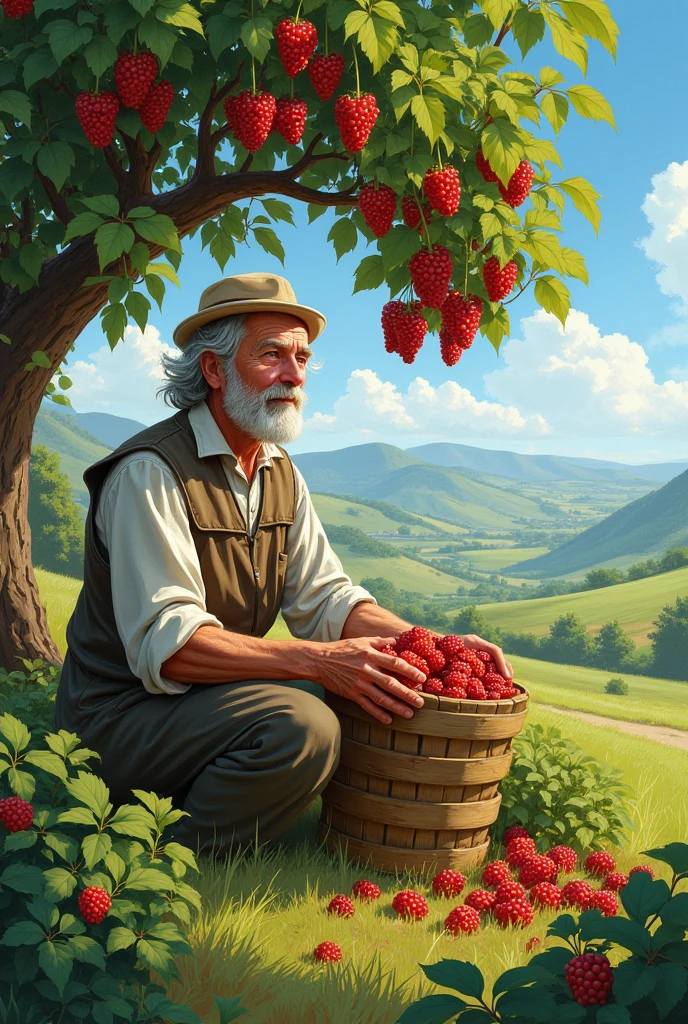 Ultra HD illustration of an old farmer picking ripe berries from a lush ...