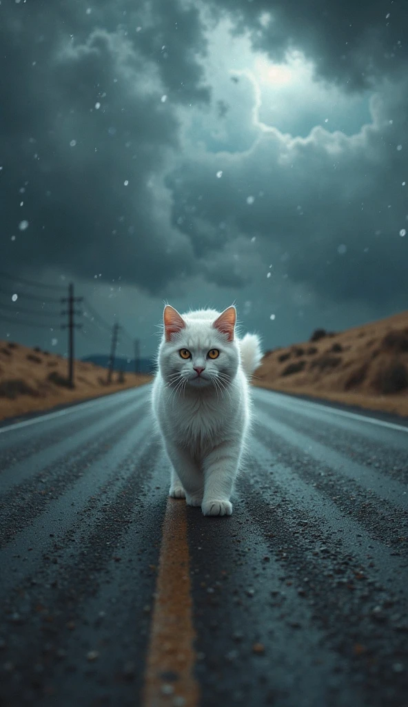 "A white Persian cat, visibly frightened, is slowly crossing a deserted ...