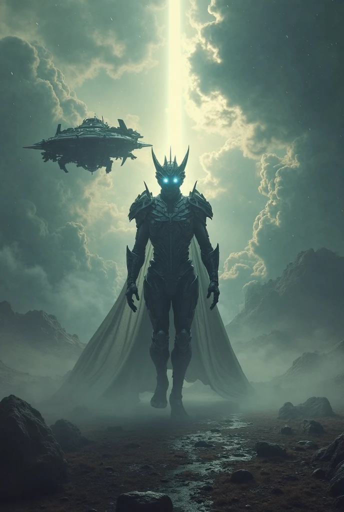 Generate an ai image of " "A dramatic sci-fi scene with a dark sky ...