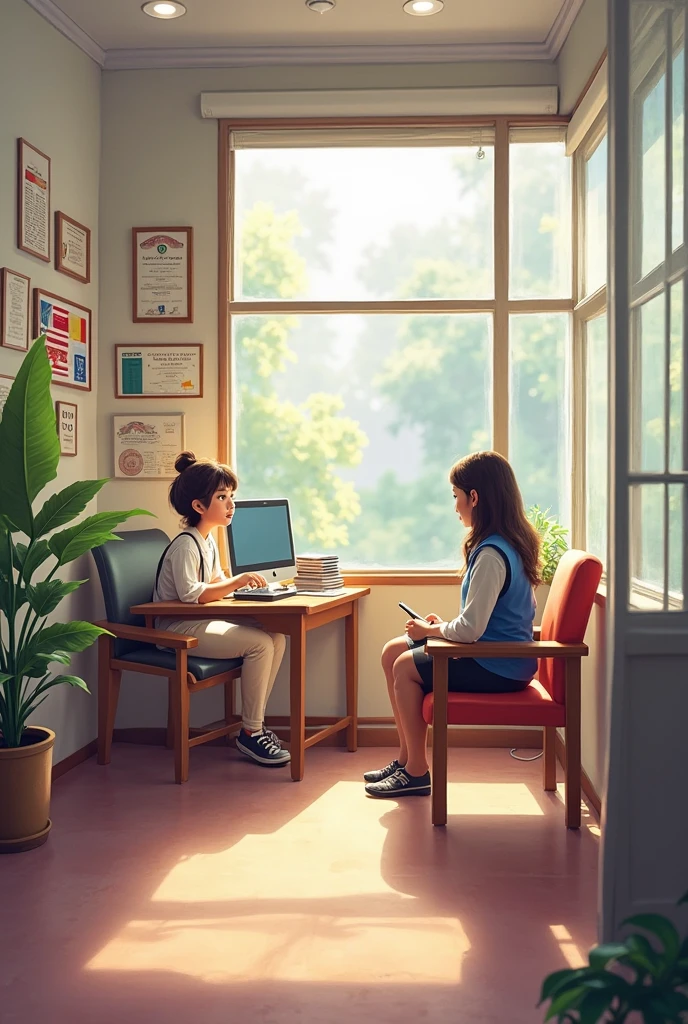 An open, small, clear student counseling room with certificates and ...