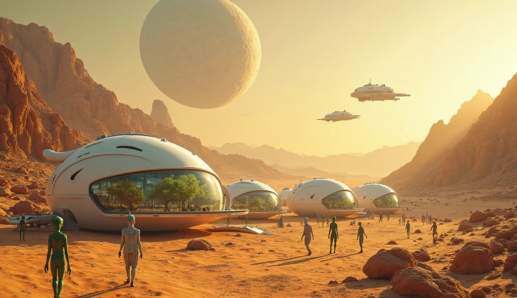 A highly detailed alien desert landscape under a twin-planet sky ...