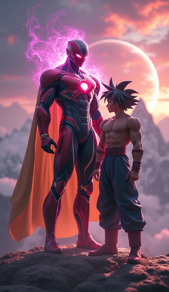 Vision (marvel) and goku standing on dragon ball universe - SeaArt AI