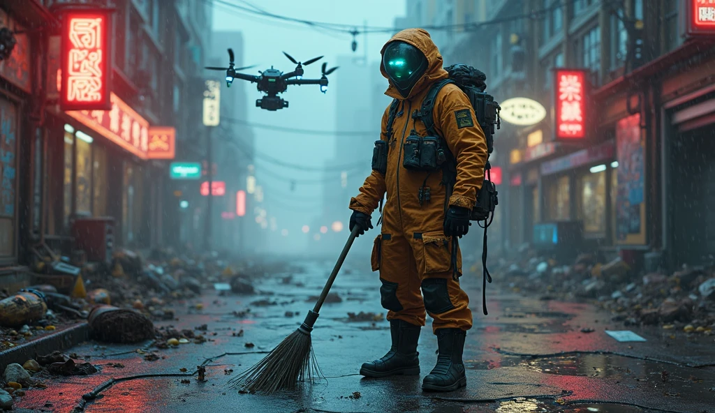 A lone sanitation keeper in a near-future dystopian city, clearing ...