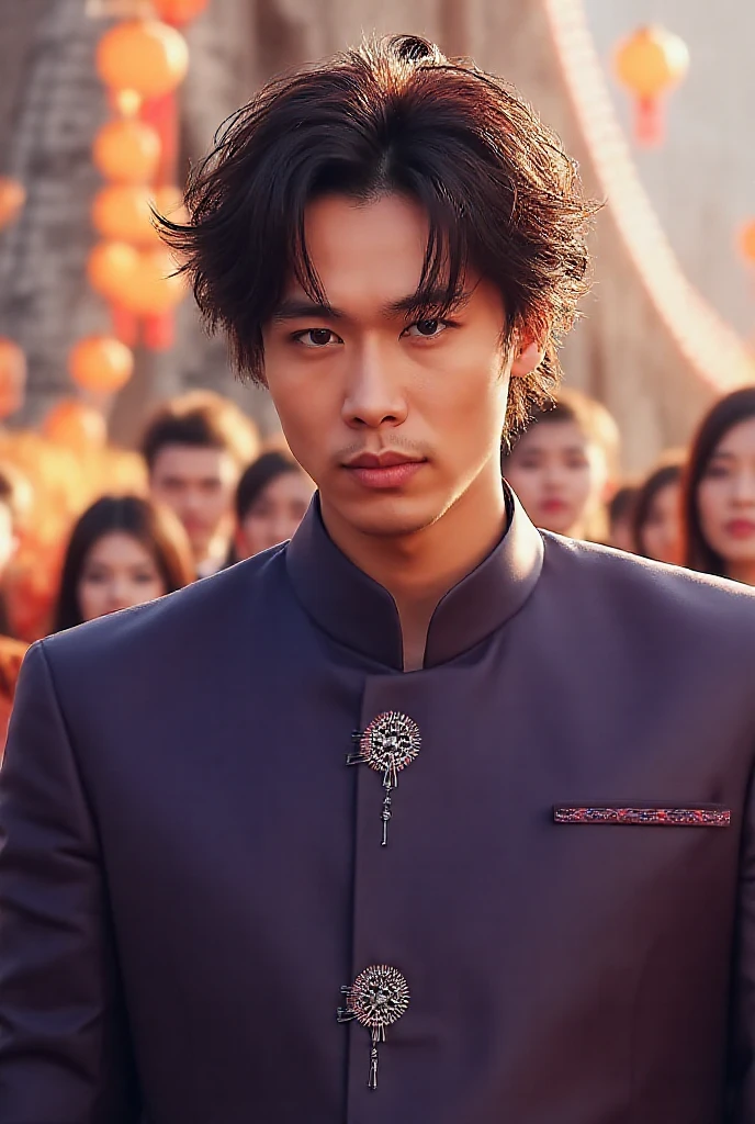 Wearing a Han suit, a bunch of men and women are standing together on the bridge - SeaArt AI