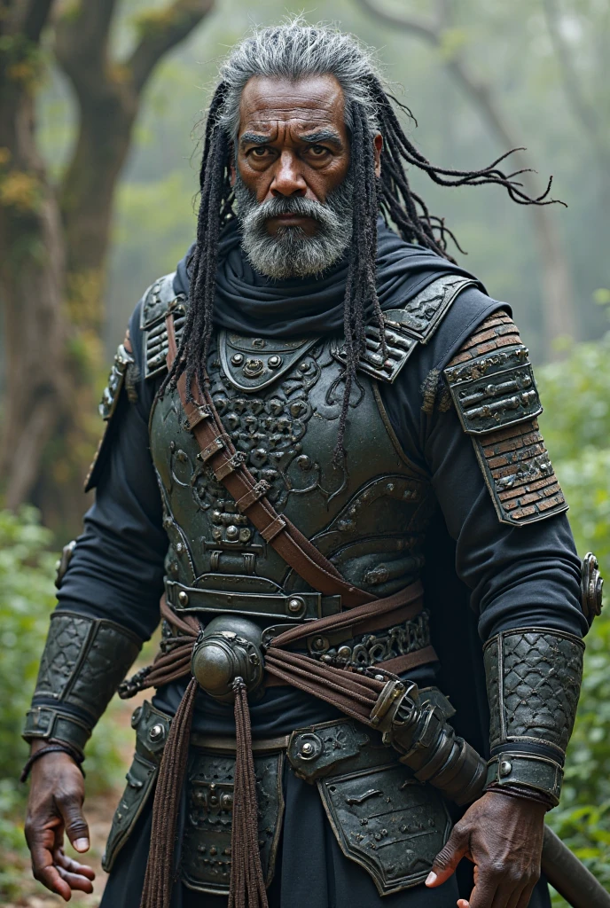 Aged athletic solider like of ebony man with gray and black dreadlocks ...