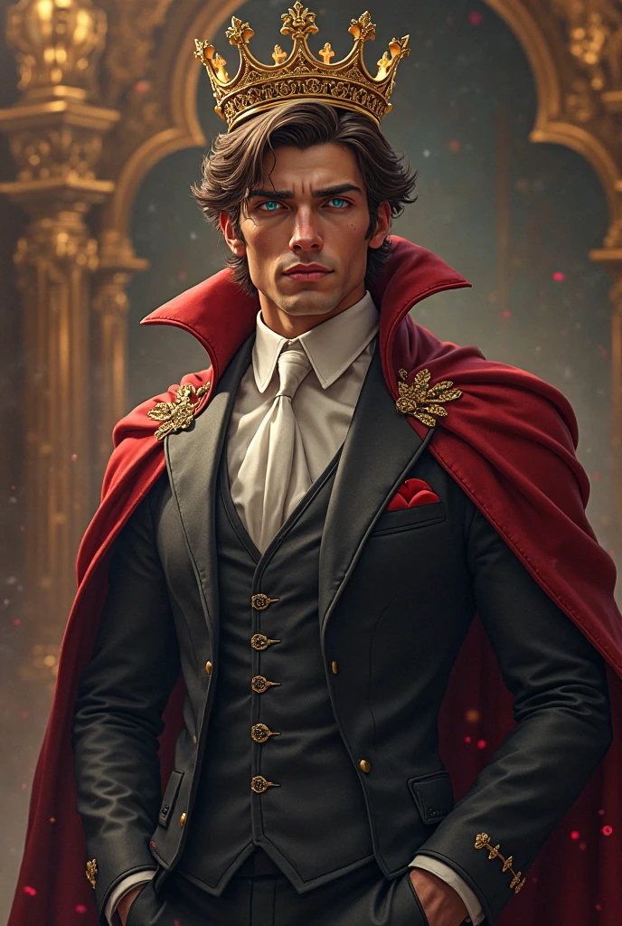 Create a prince dressed in a suit and cape, wears a crown, with brown ...