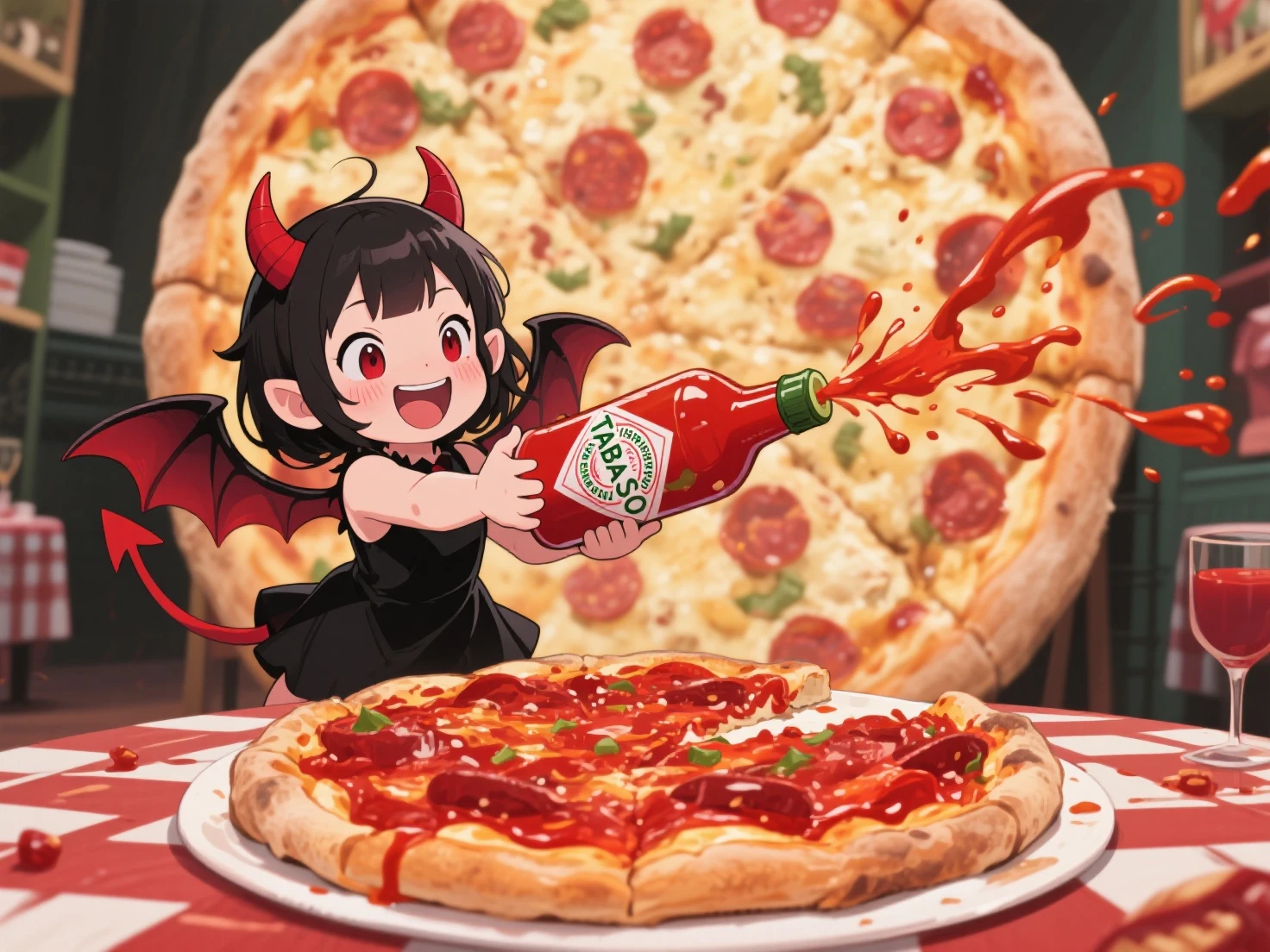Mischievous demon playing tricks at the pizza shop