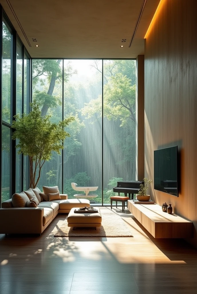 Impressive view from inside a minimalist house, with a spacious living ...