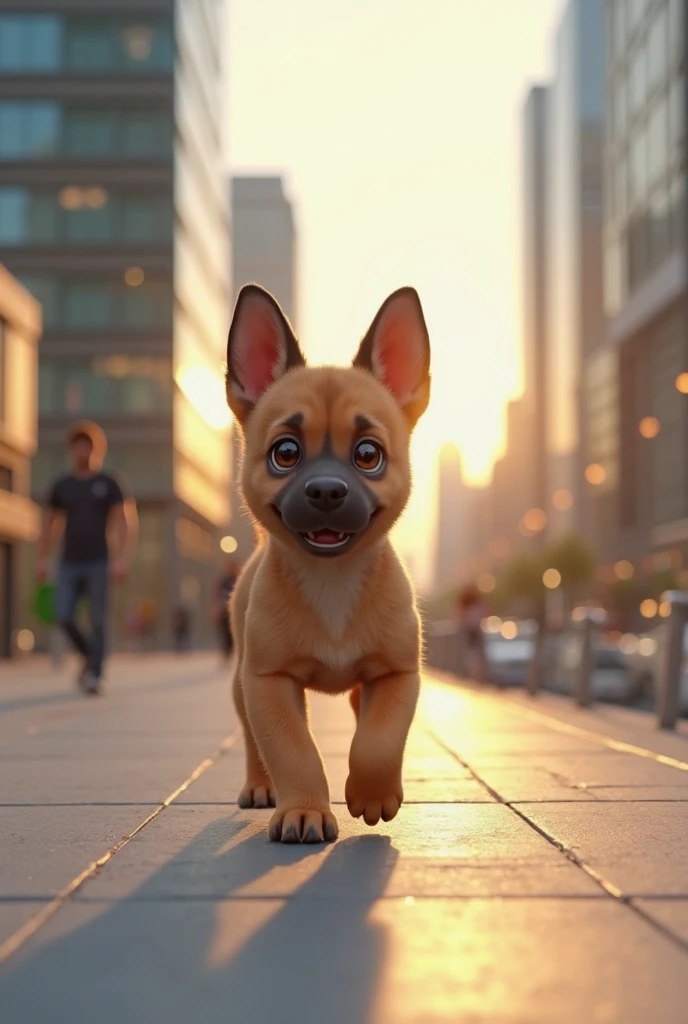 A very cute small Belgian Malinois dog is walking ahead along the side ...