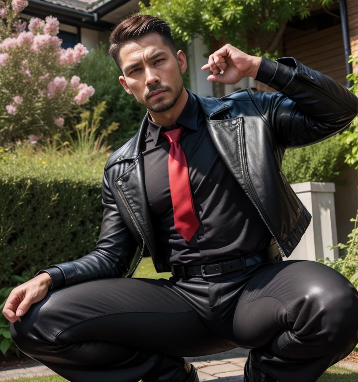 40 years old, One Man,、 革の Black Shirt 、 red tie 、 black leather ...
