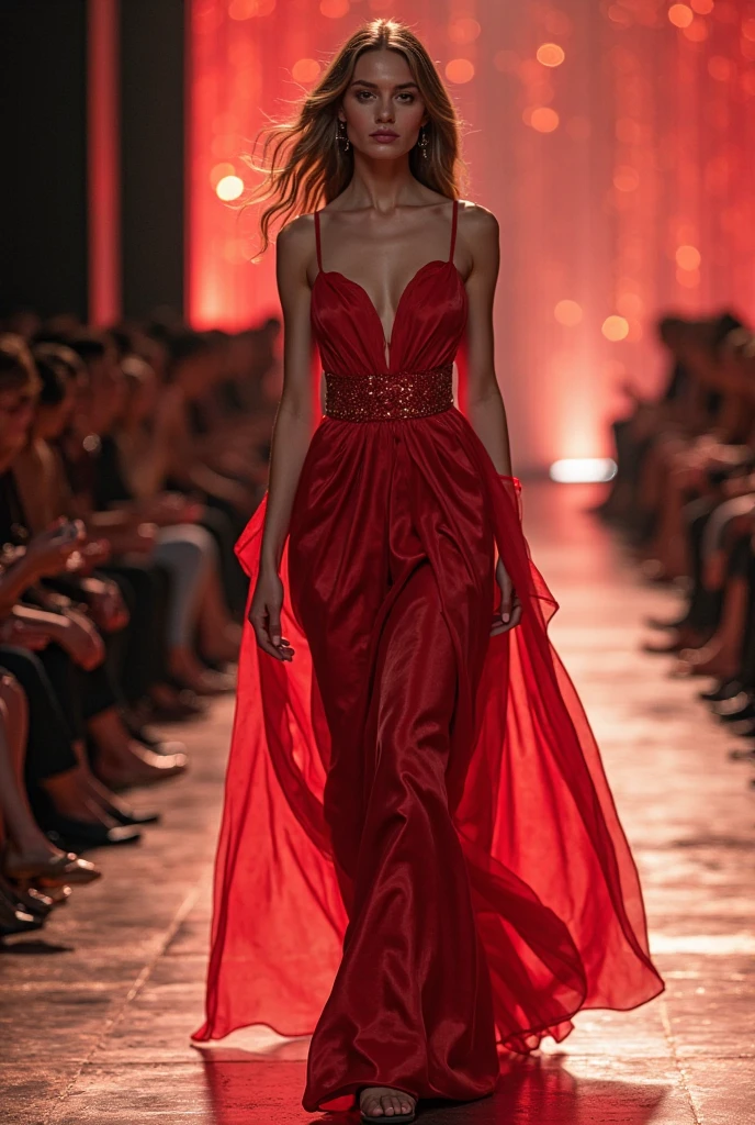 "A girl in a flowing red silk gown walks confidently down a glittering ...