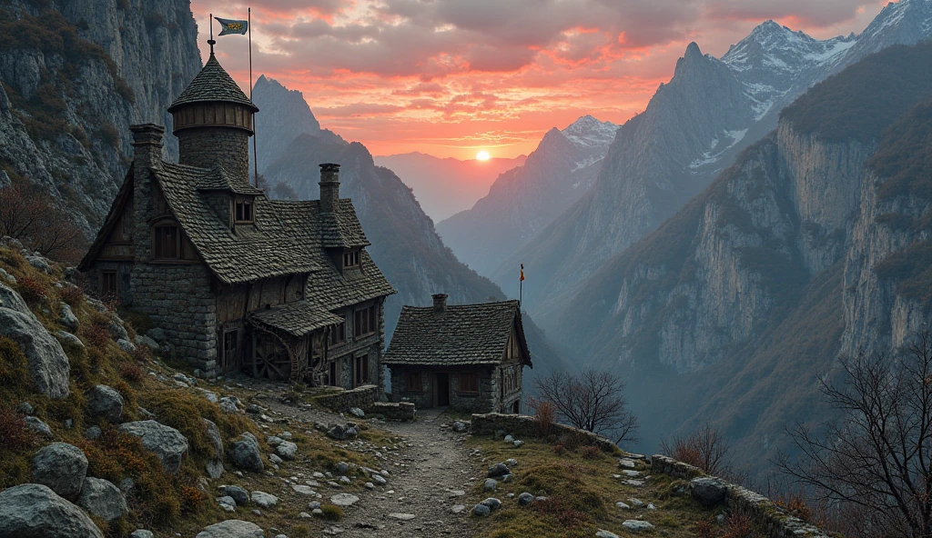 Deserted Mountain Village at Dusk Nestled among jagged cliffs - SeaArt AI