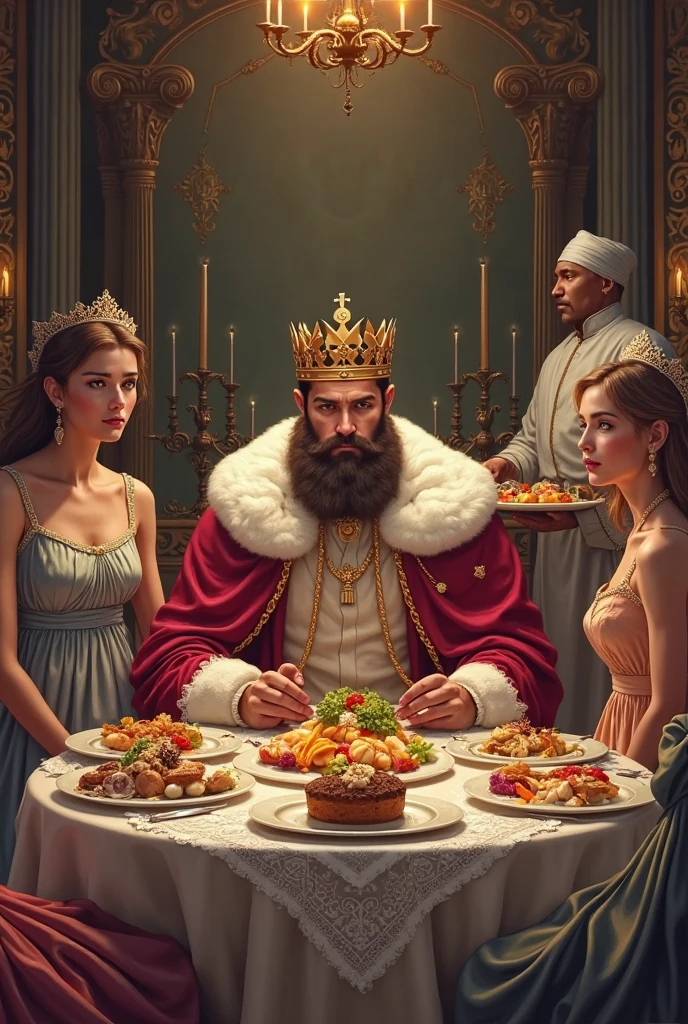 A king eating with his 2 daughters and the cook standing next to him ...