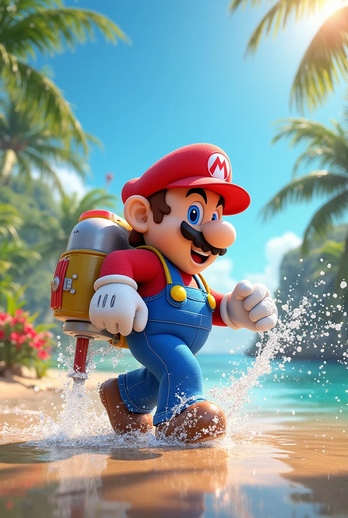 Mario, Super Mario Sunshine, carry a pump on your back and spray water ...
