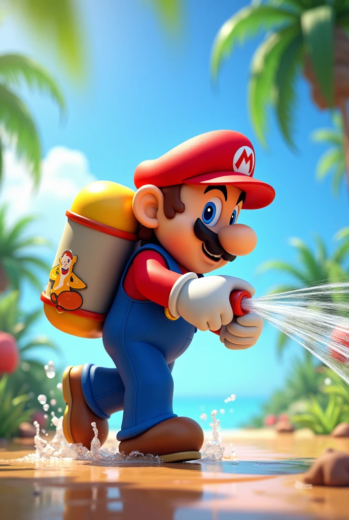 Mario, Super Mario Sunshine, carry a pump on your back and spray water ...