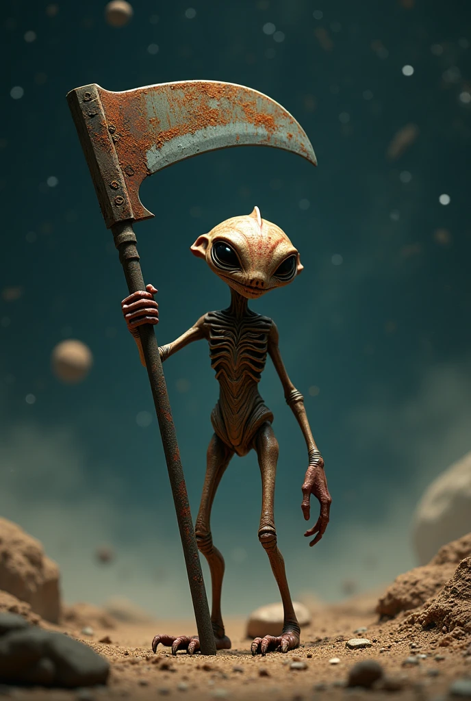 A skinny, short and simple alien with a rusty machete in space - SeaArt AI