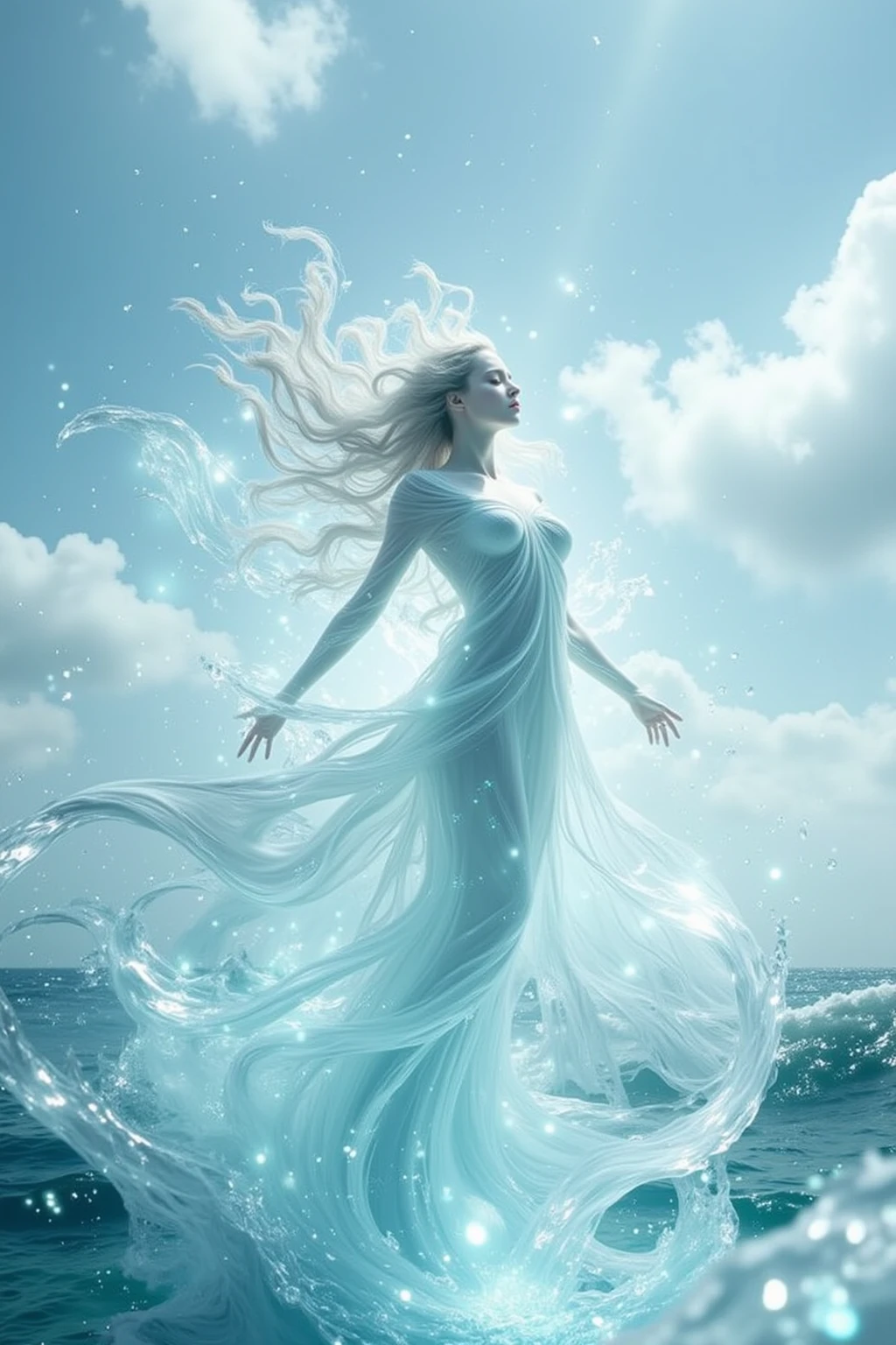 A breathtaking, ethereal woman rising from the ocean, her entire form ...