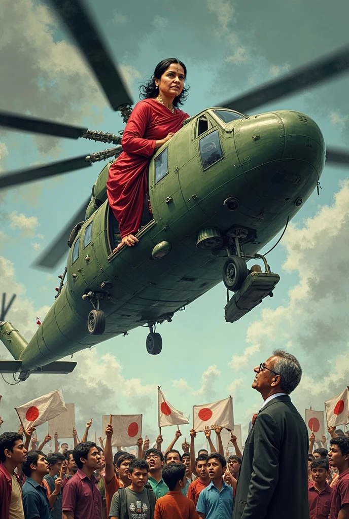 "A surreal political cartoon: A powerful female leader with a faint ...