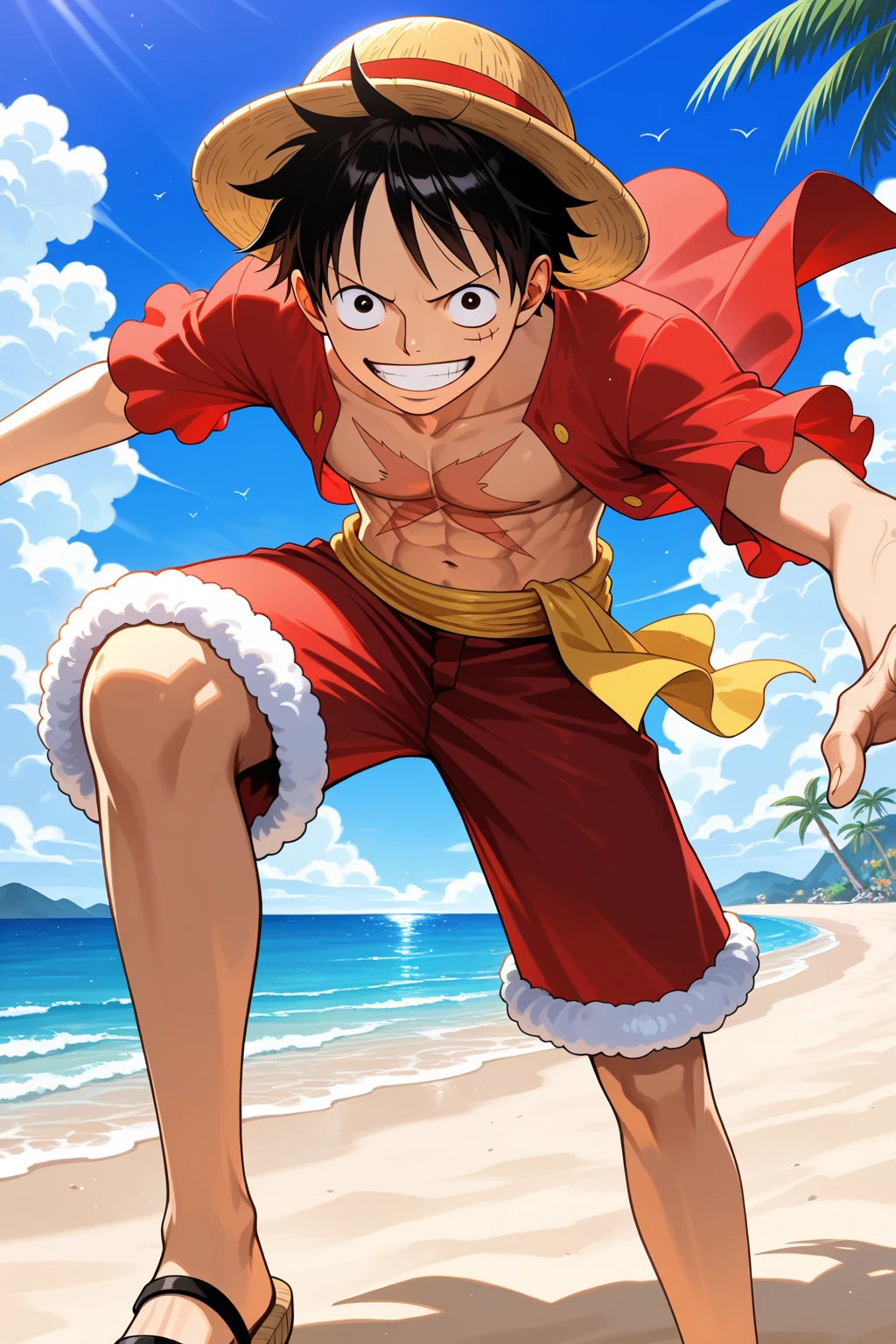1 boy, solo, monkey d. luffy, isolated island, beach, looking at viewer ...