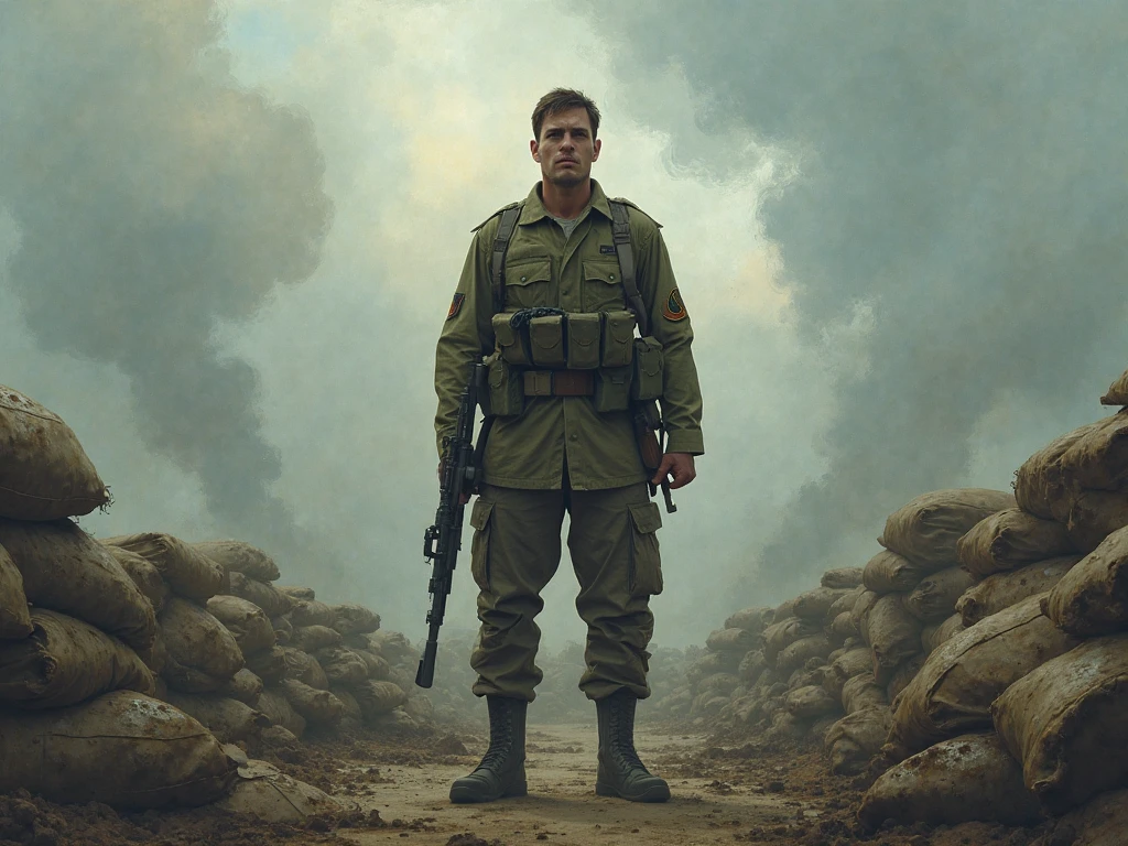 A digital painting in cinematic horizontal format, depicting a lone ...