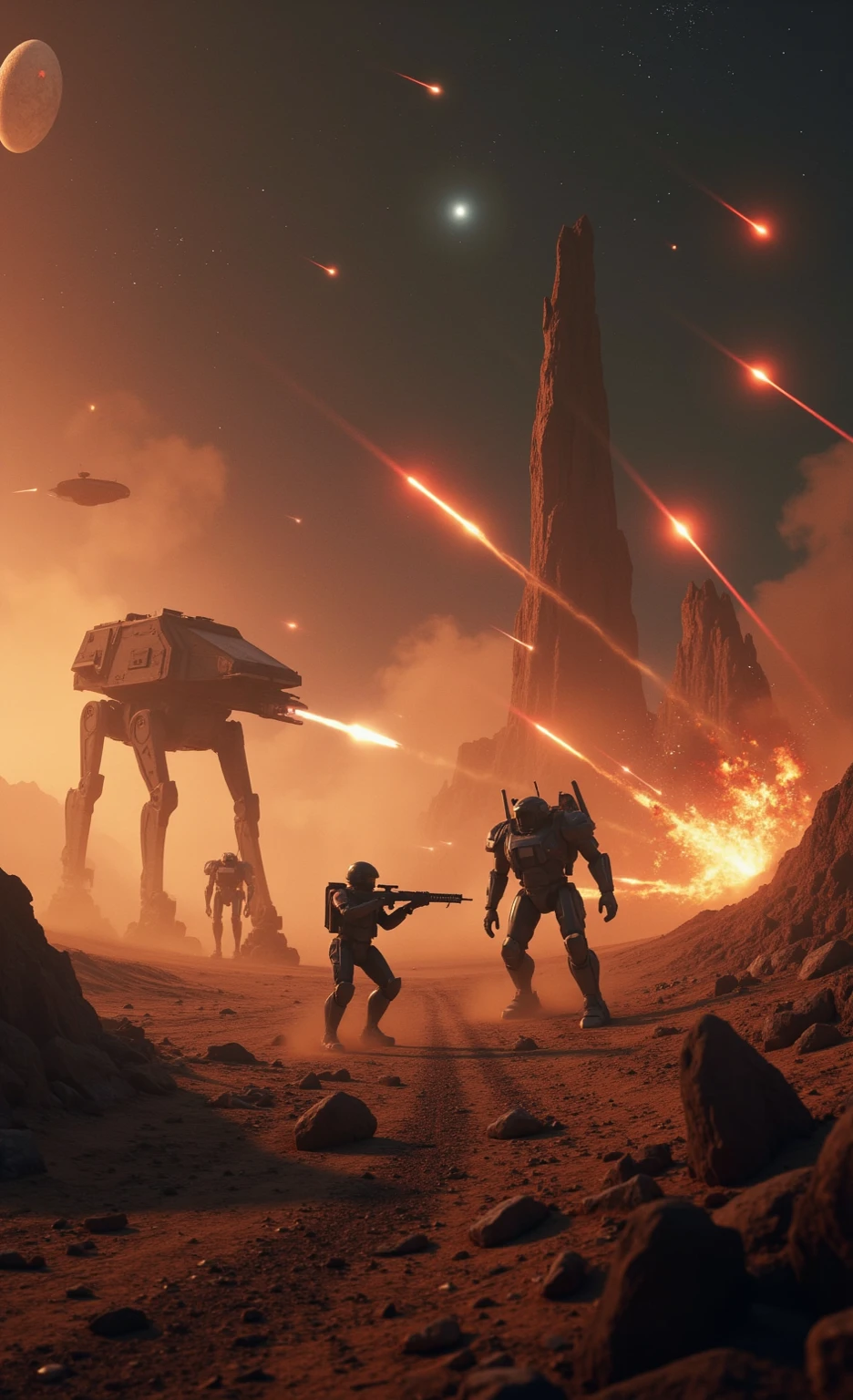 Ultra photorealistic sci-fi battle scene on the surface of an alien ...
