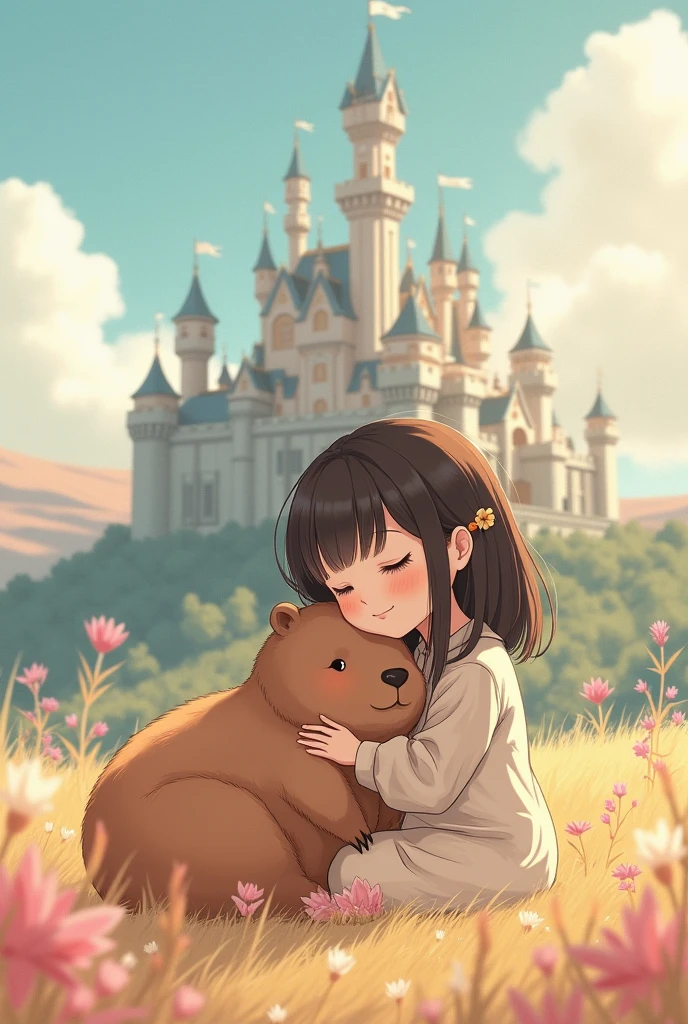 Anime girl with a capybara covered in soft colors against the ...