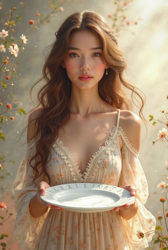Beautiful girl with long wavy hair, bohemian dress, holding a white plate with t - SeaArt AI