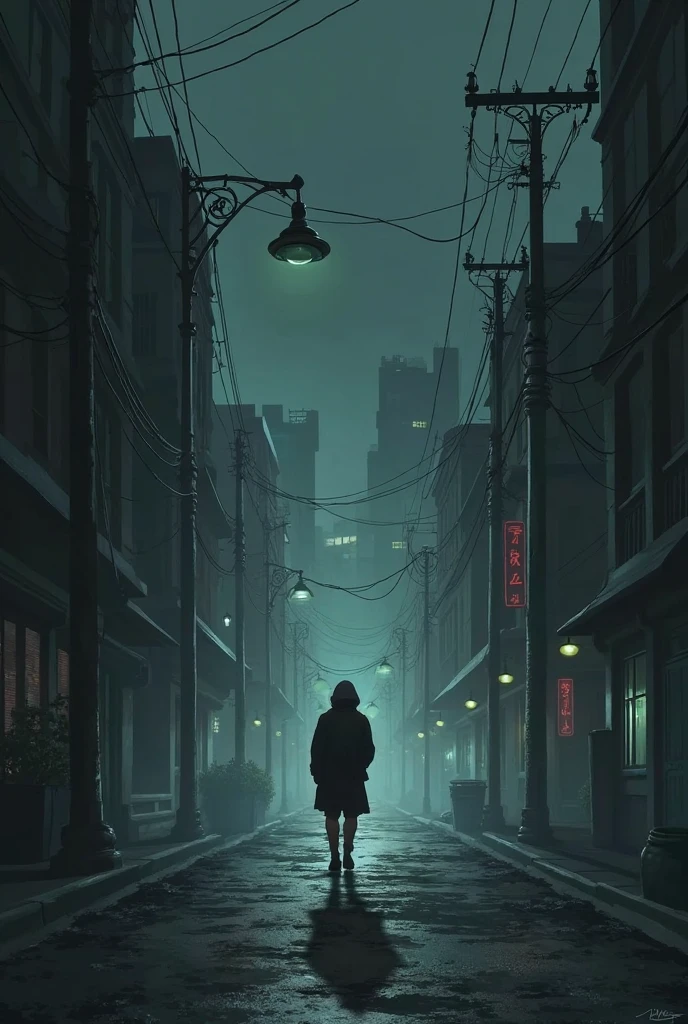 Alone person walking down an empty street at night, with poles on and ...