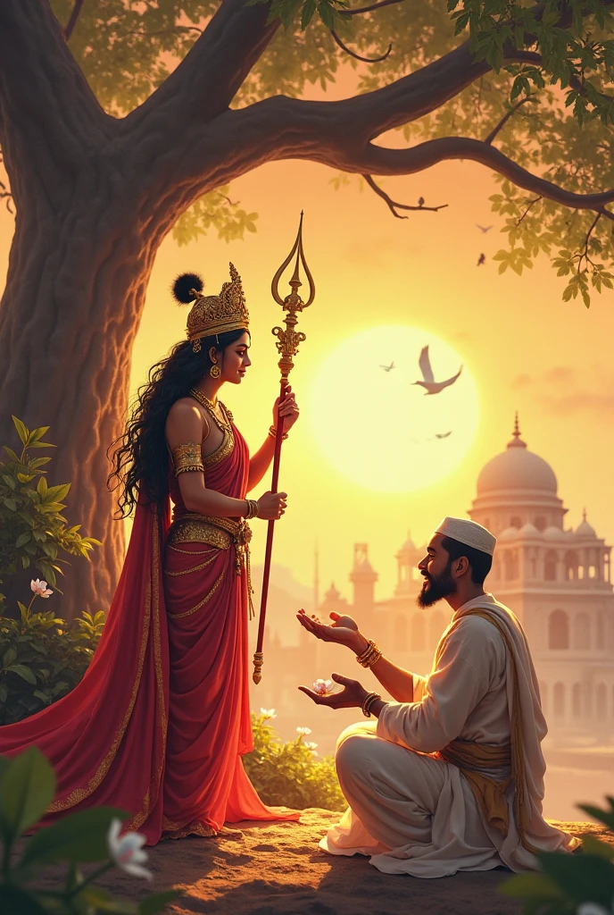 A powerful and serene digital illustration showing Goddess Durga in her ...