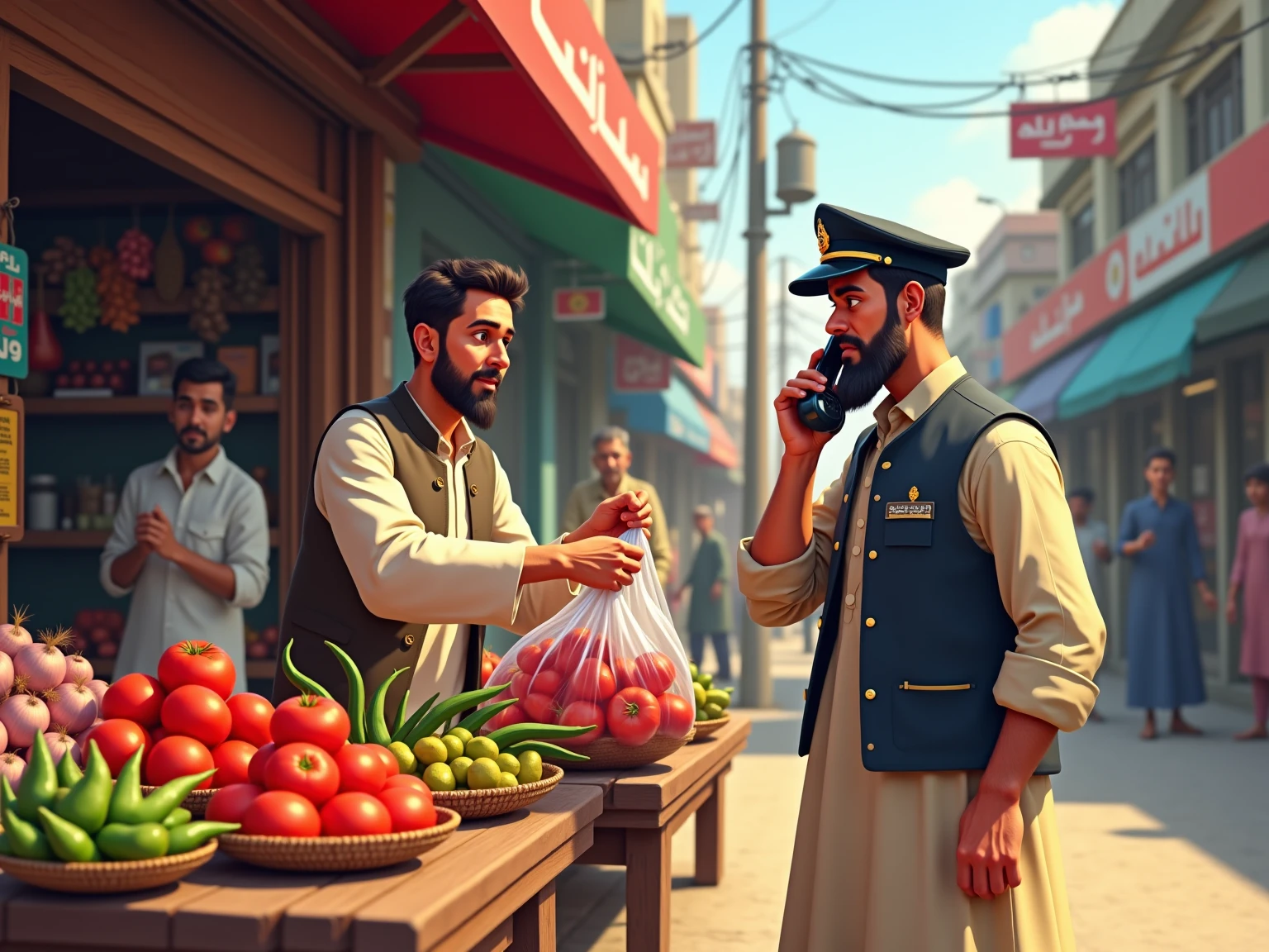 A highly detailed digital 3d cartoonic illustration of a bustling local ...