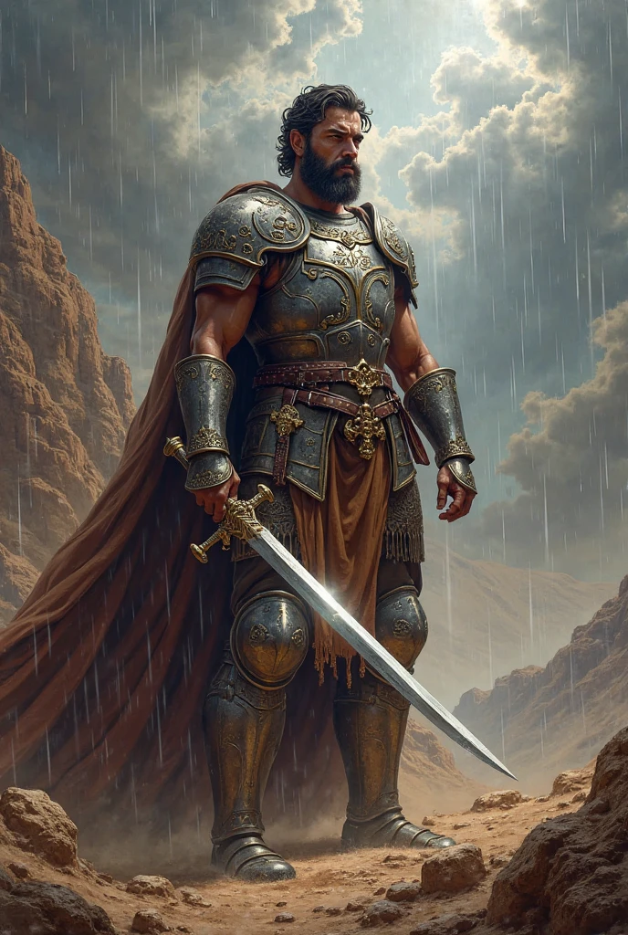 Play King David in armor and sword in hand on a mountain in the desert ...