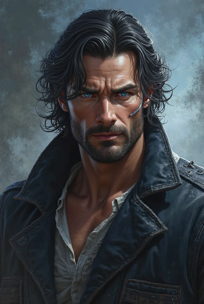 Now make me a picture of a man with blue ice eyes, dark black hair and ...