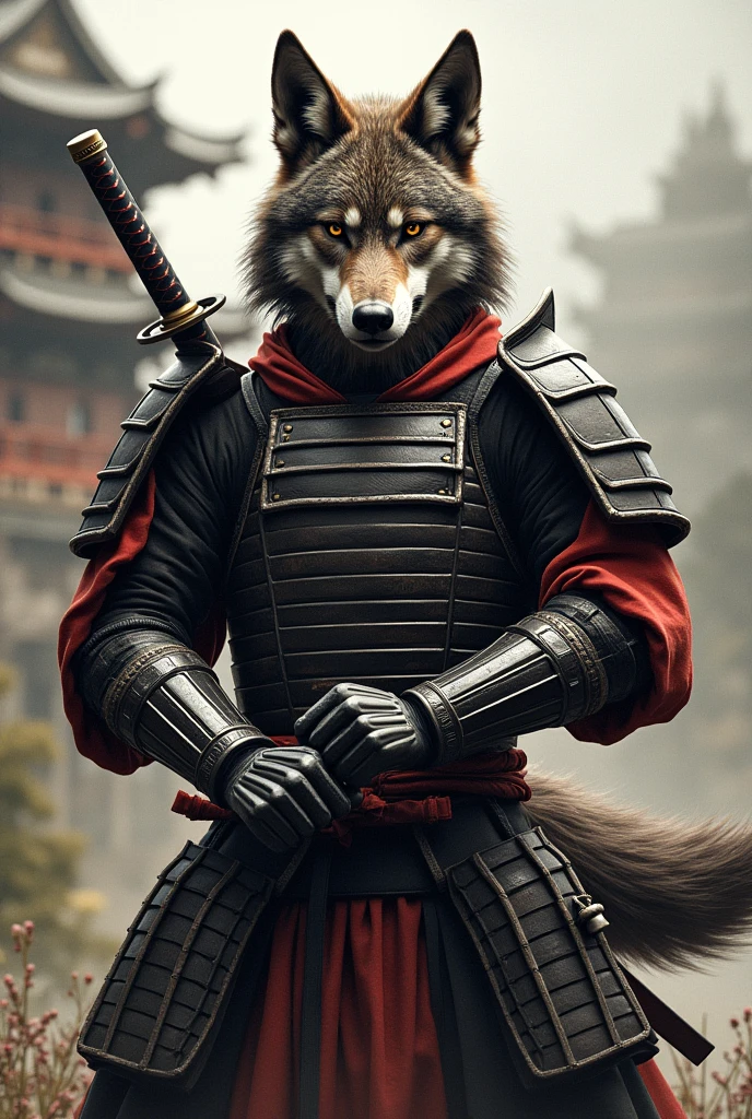 I want an image of a humanized wolf, dressed in samurai armor - SeaArt AI