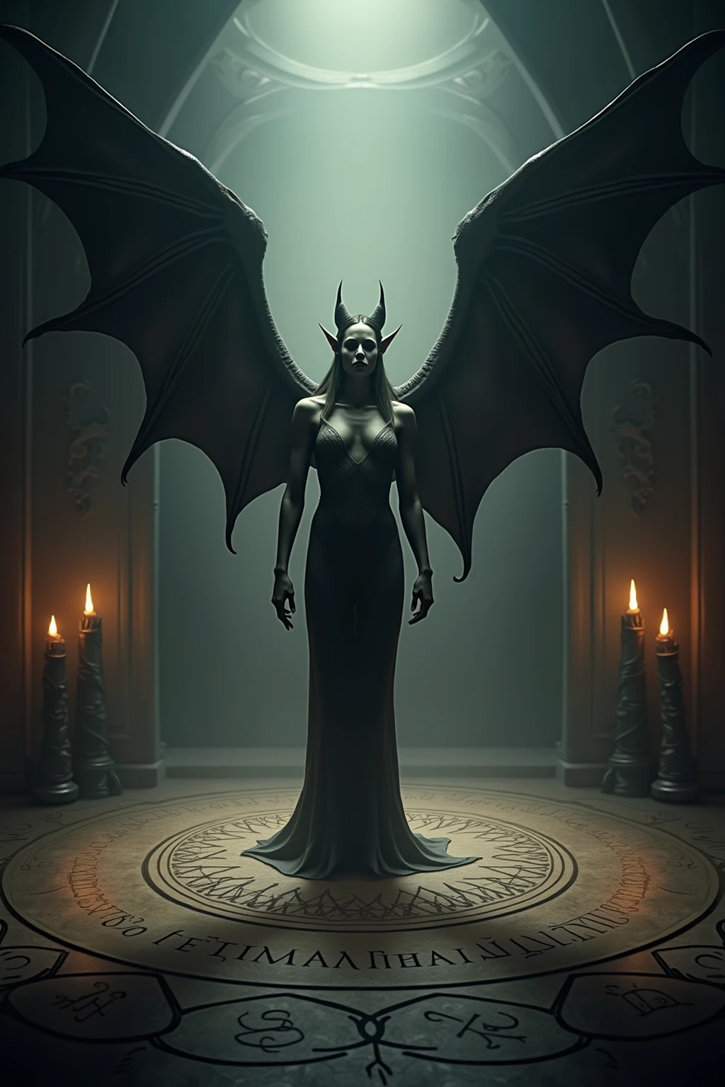 An angel is summoned from the magic circle. Wings are wings of bats ...