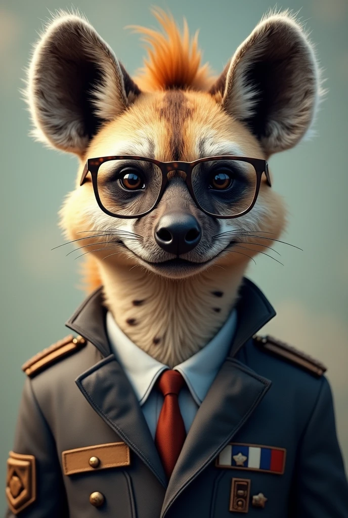 Spotted hyena with nerd glasses, blind on the left eye,wearing a ...