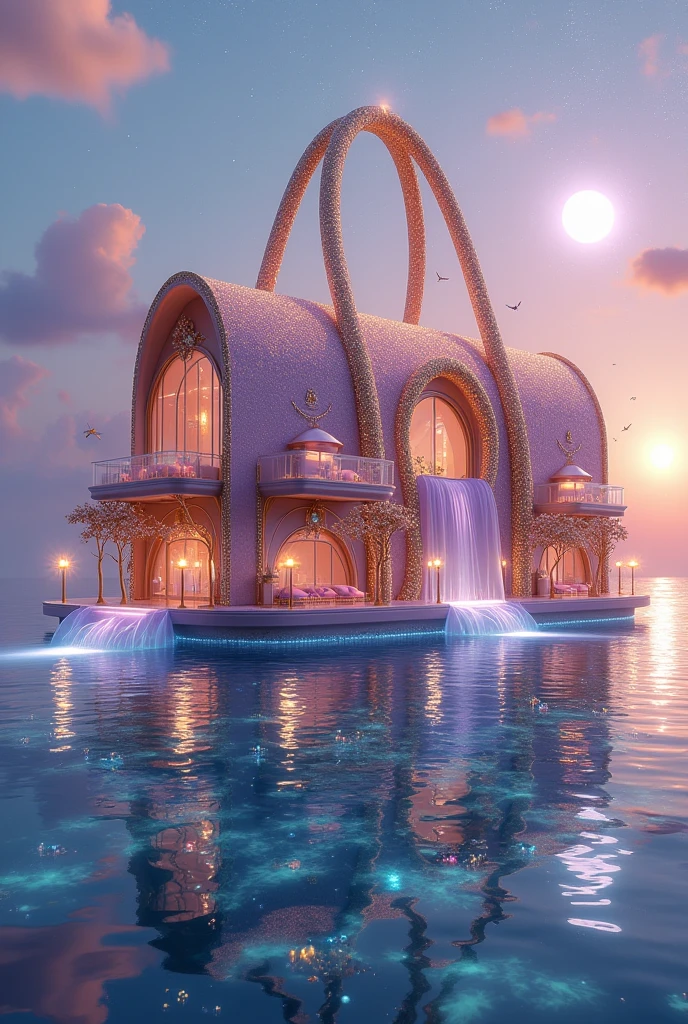 "A hyper-realistic fantasy water ship shaped like an enormous enchanted ...