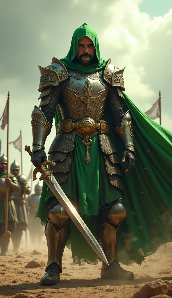 Green veil on his head, sword warrior in hand at the head of the army ...